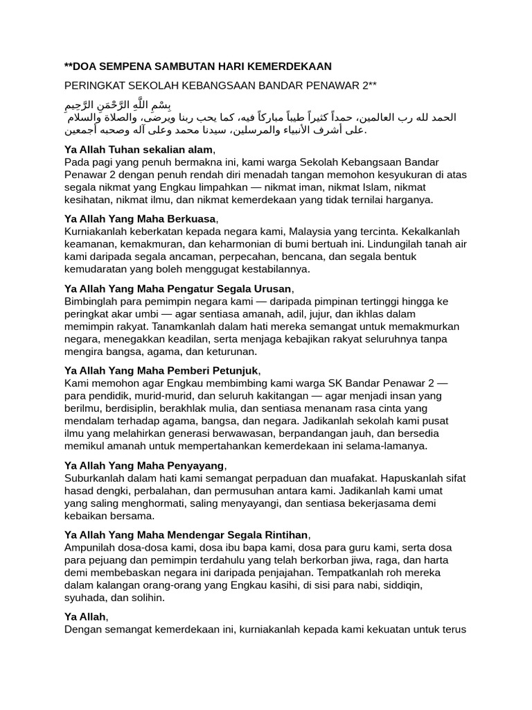 Doa Sambutan Hari Kemerdekaan SKBP2 | PDF