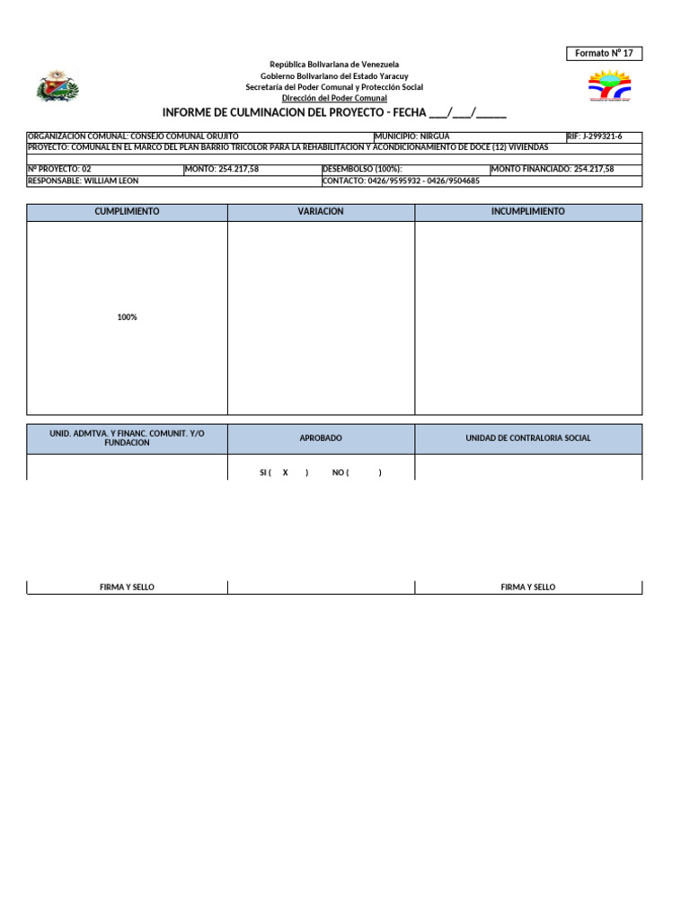 Formato 17 - Informe de Culminacion Del Proyecto - Rendicio | PDF