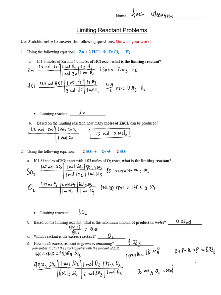 Limiting Reactant Problems Pdf