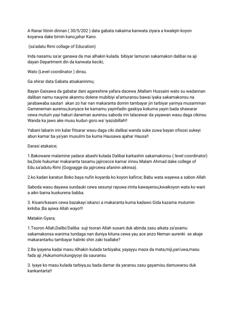 Ziyara ga Sa'adatu Rimi College | PDF
