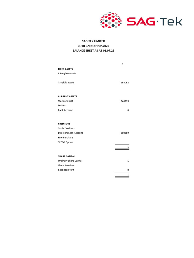 SAG-Tek Balance Sheet_July 2025 on Formation | PDF