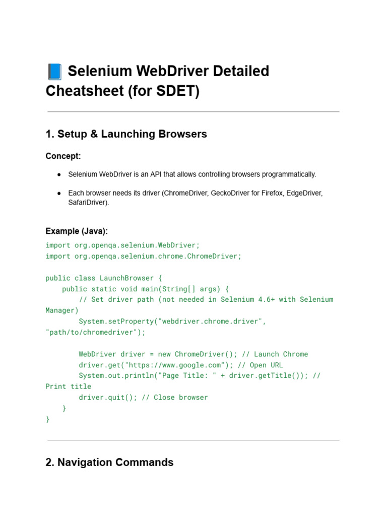 ? Selenium WebDriver Detailed Cheatsheet (For SDET) | PDF | Selenium (Software) | Web Software