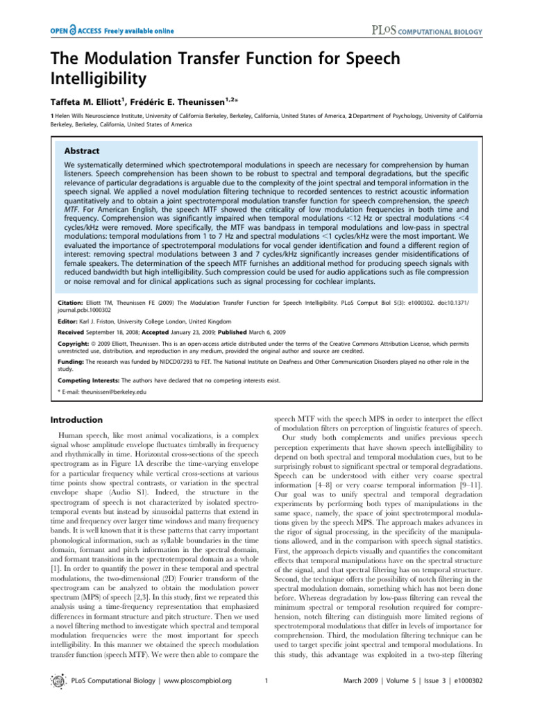 The Modulation Transfer Function For Speech | PDF | Low Pass Filter ...