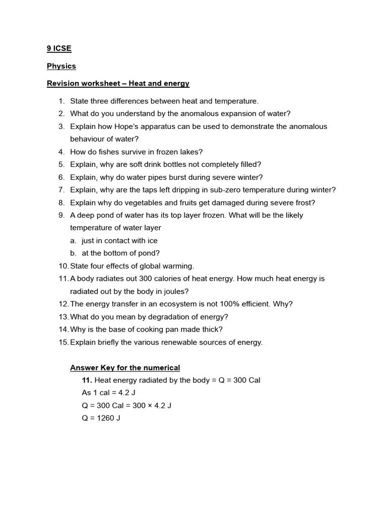 Physics Worksheet Heat and Energy 9ICSE | PDF