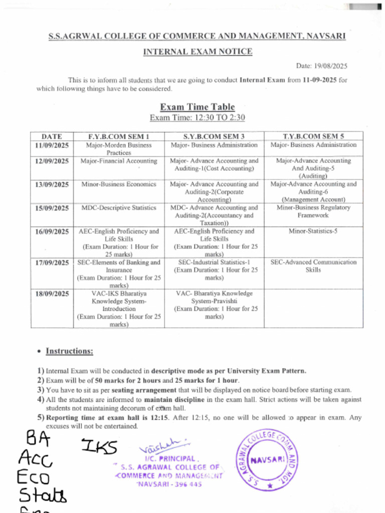 Bcom Internal Exam Time Table October 2025 | PDF