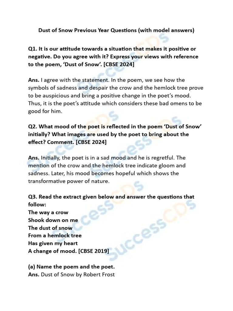 Dust of Snow: Previous Year Questions | PDF