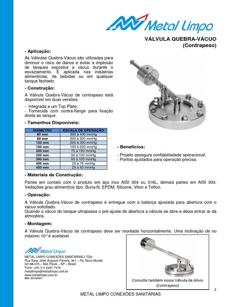 Válvula Quebra-Vácuo Inox para Tanques | PDF
