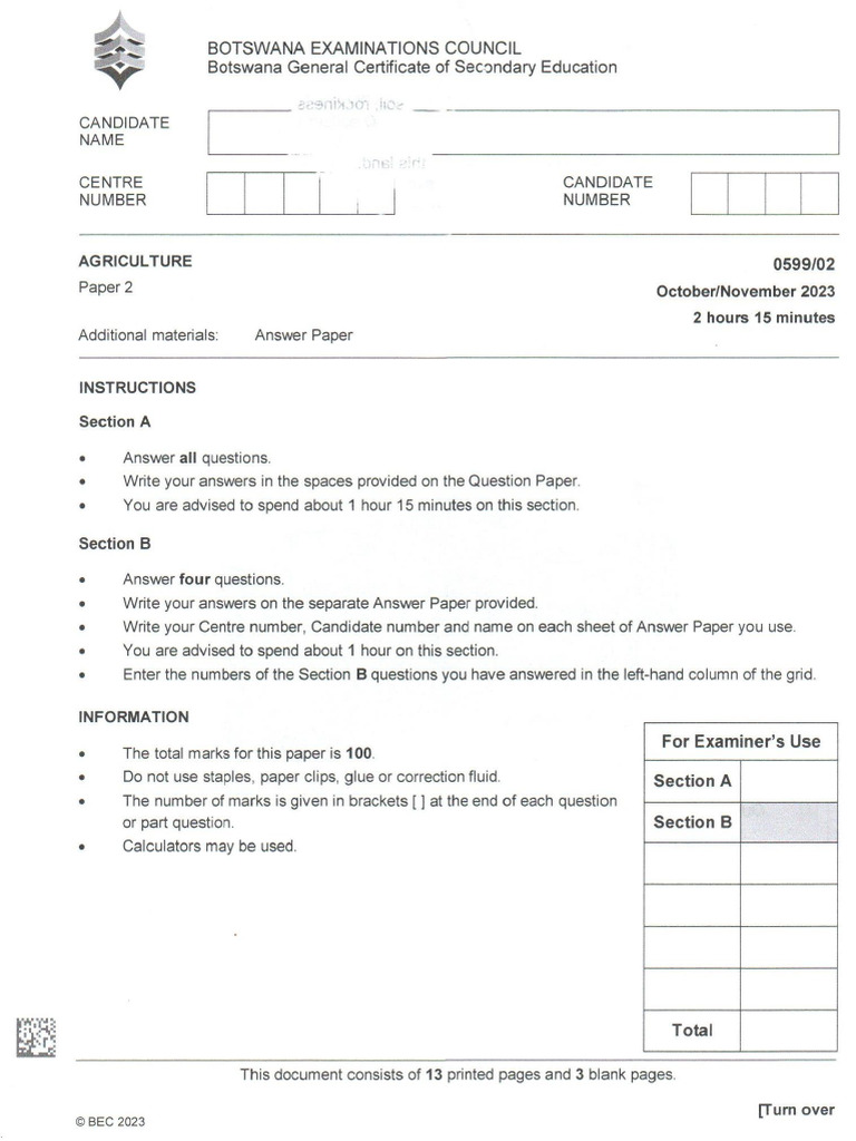 2023 Bgcse Agriculture Paper 2 | PDF