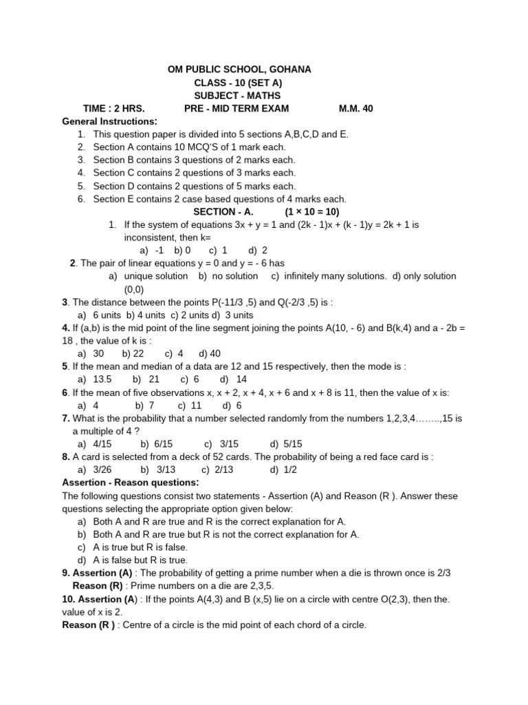 Class 10 Maths Pre Mid Term Pdf Numbers Mathematical Objects