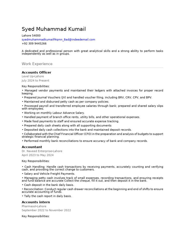 Resume Syed Muhammad Kumail | PDF | Voucher | Payments