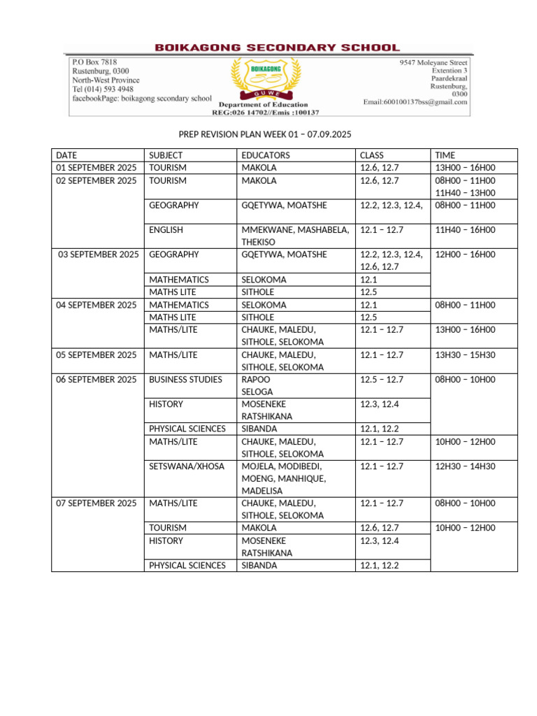Weekly Revision Plan: Sept 1-7, 2025 | PDF | Mathematics | Science