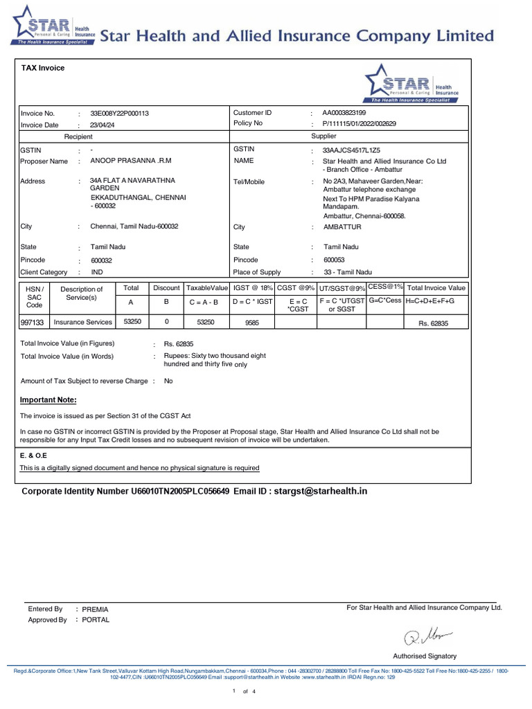 Star Health Tax Invoice Details | PDF | Invoice | Government Finances