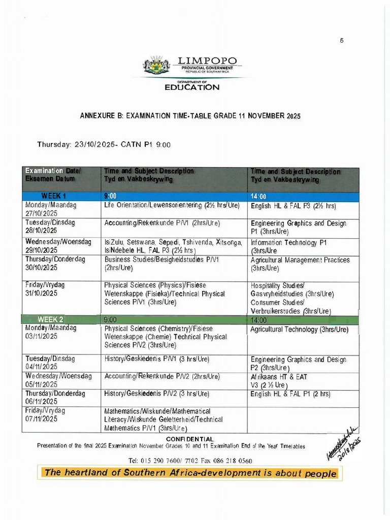 Grade 11 November 2025 Exam Timetable | PDF | Science