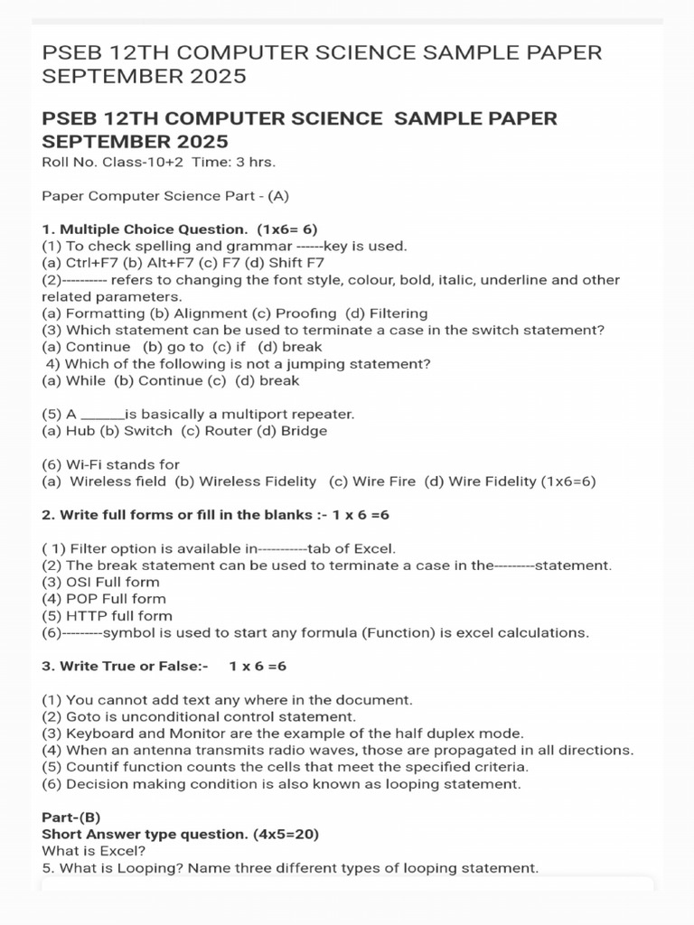 Xii - Computer Science (September Exam Sample Paper) | PDF