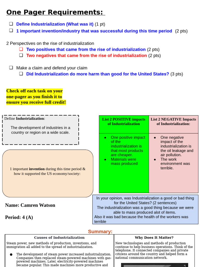 Camren Watson - Industrialization One-Pager-1 | PDF | Labour Economics ...