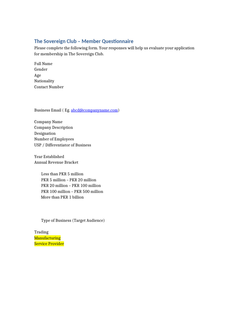 Sovereign Club Fillable Questionnaire | PDF | Business