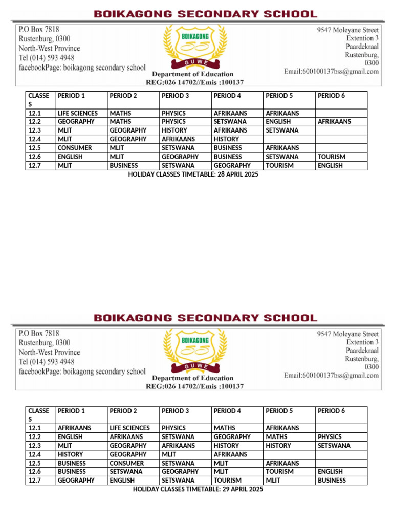 Holiday Classes Timetable-1 | PDF
