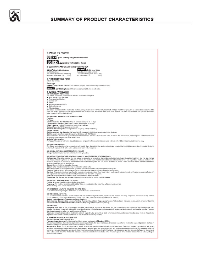 Osiris Zinc Sulfate Tablet Uses | PDF | Diarrhea | Zinc