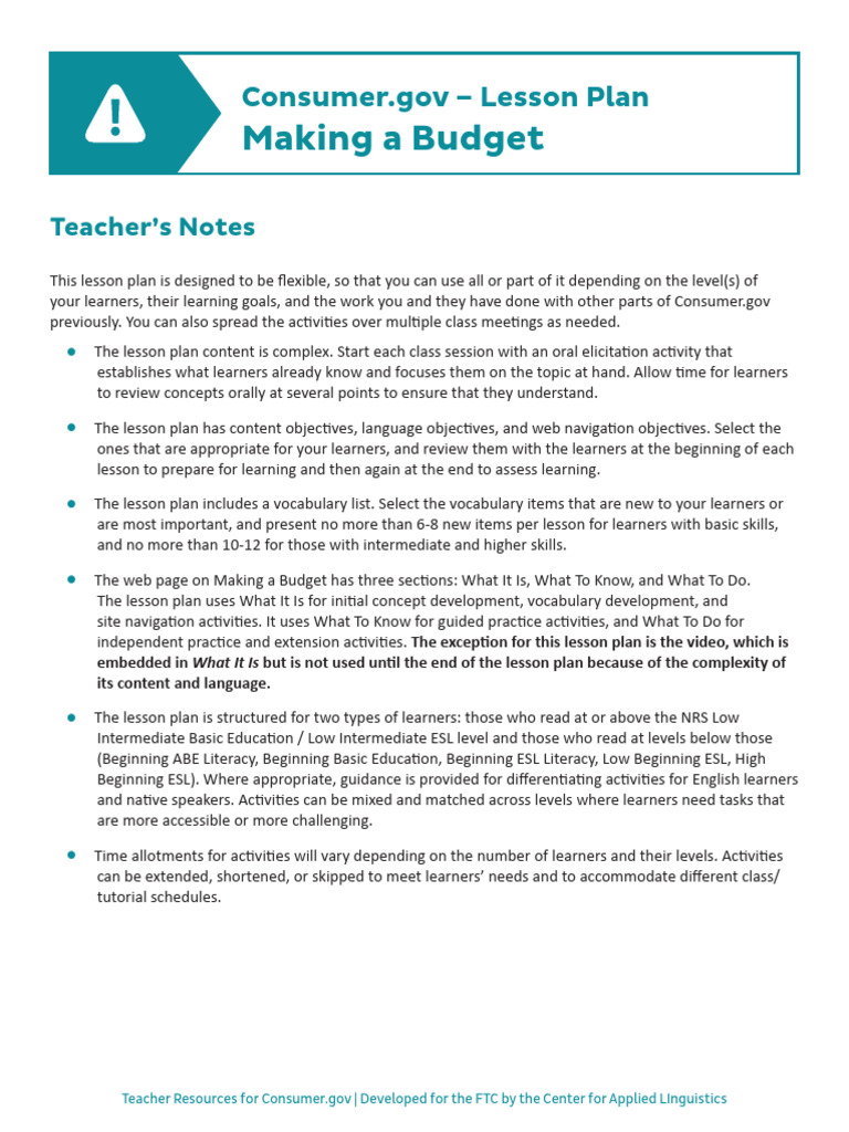 Budgeting Lessons for Grades 6-8 | PDF | English As A Second Or Foreign ...