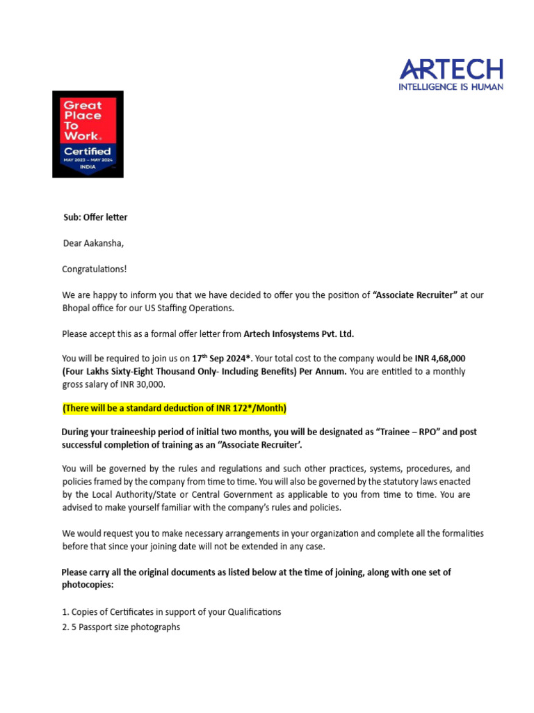 Offer Letter for Associate Recruiter Position | PDF