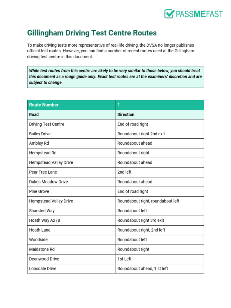 Gillingham Driving Test Routes Guide | PDF | Road Transport | Road ...