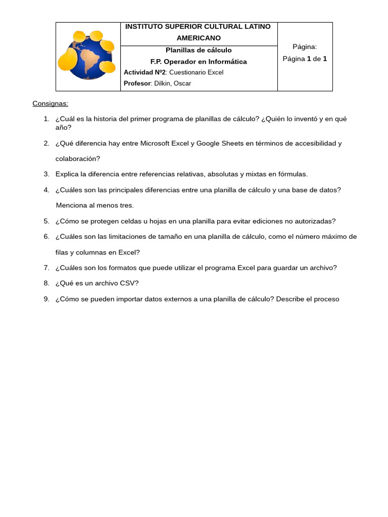 Actividad N-2 - Cuestionario Excel - F.P. Planillas de C-Lculo | PDF | Hoja de cálculo ...
