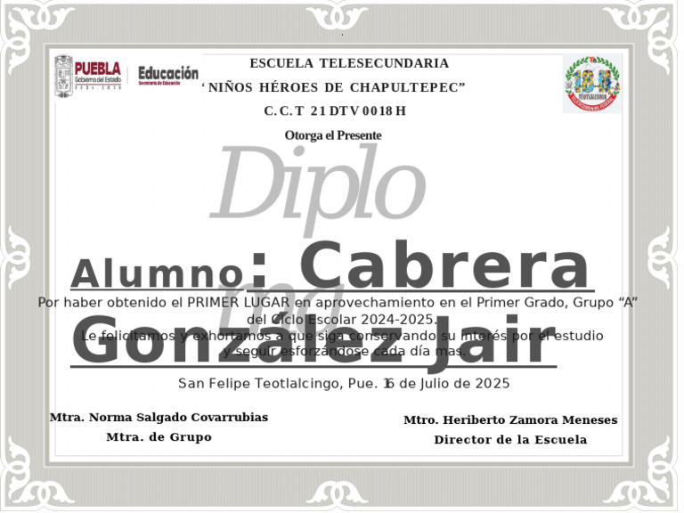 Diploma Primer Lugar Primer Grado 2025 | PDF