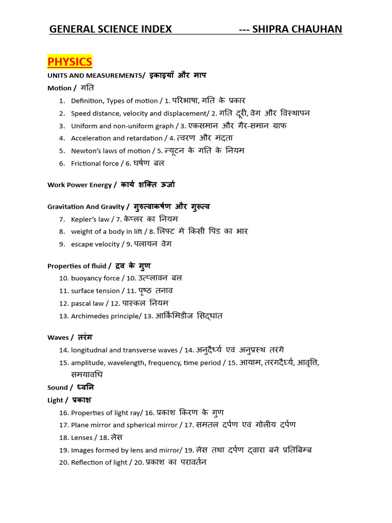 Physics: General Science Index - Shipra Chauhan | PDF