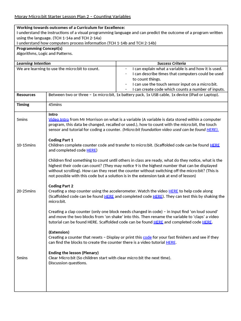 Lesson Plan Microbit Starter Lesson 2 Counting Variables | PDF ...