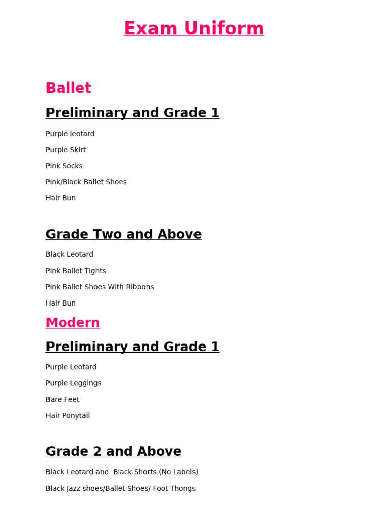 Ballet and Dance Exam Uniforms Guide | PDF
