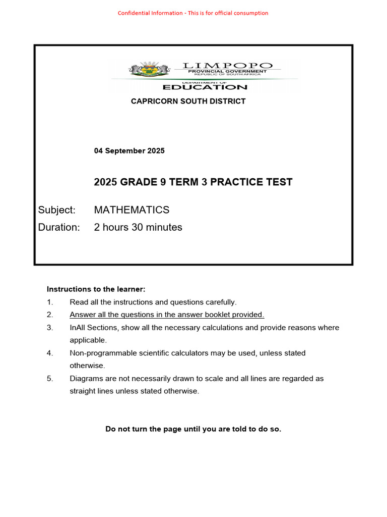 Grade 9 Term 3 Maths Practice Test | PDF | Classical Geometry | Geometry