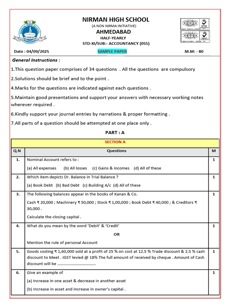 Accountancy Sample Paper for Std-XI | PDF | Debits And Credits | Cheque