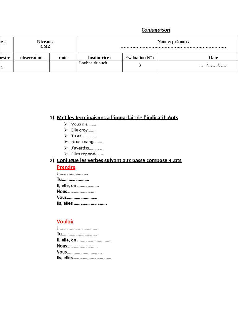 Exercices de conjugaison CM2 PDF | PDF