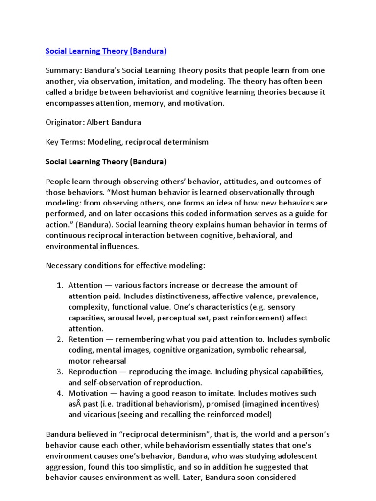 Bandura's 1977 Social Learning Theory | PDF | Behaviorism | Affect ...