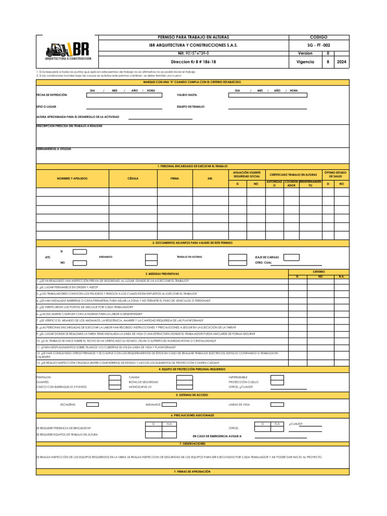 SG-FT-002 Permiso de Trabajo en Alturas | PDF