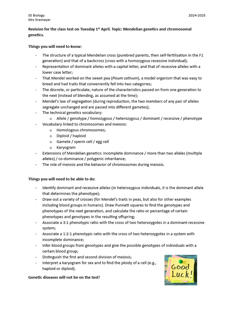 Mendelian Genetics Test Revision Guide | PDF | Dominance (Genetics ...