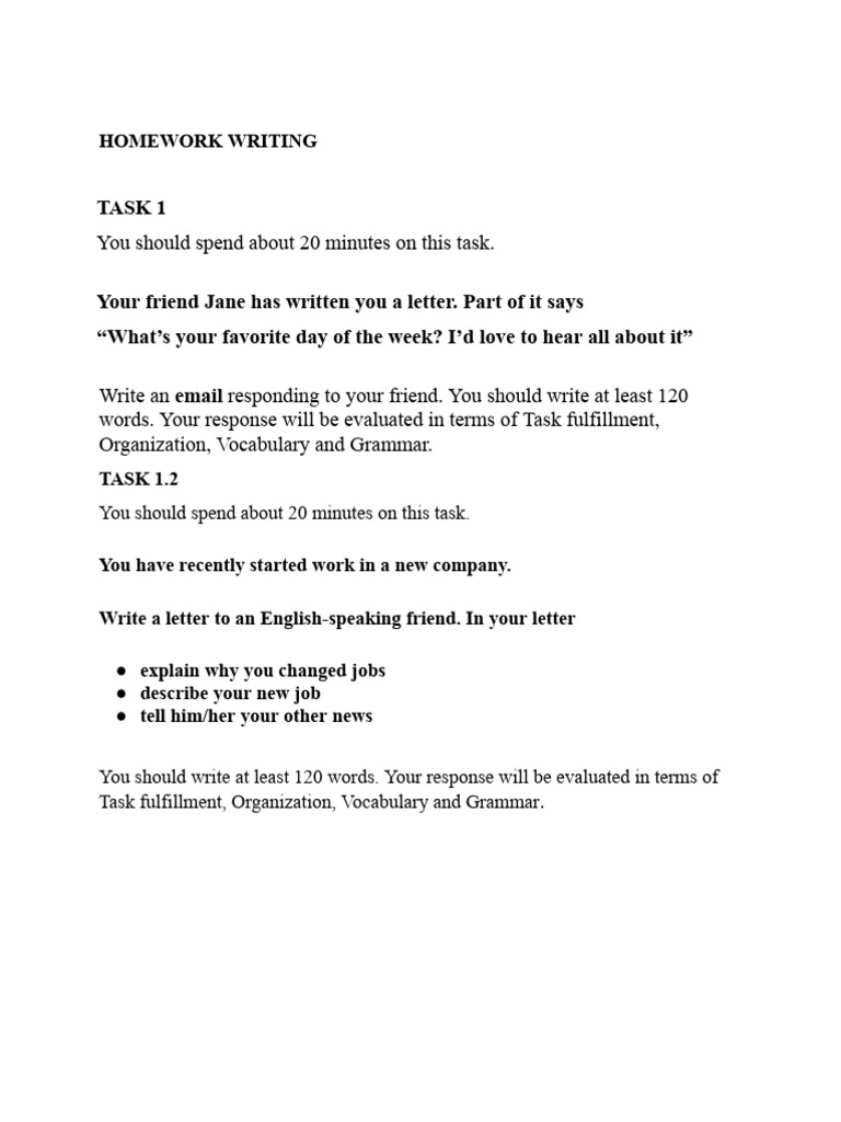 Homework Writing Tasks for Emails and Letters | PDF