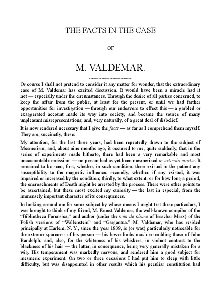 The Facts in The Case of M. Valdemar | PDF | Sleep | Death