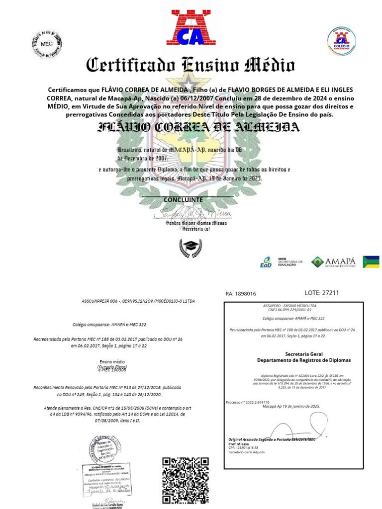 Diploma de Ensino Médio Flávio Almeida | PDF