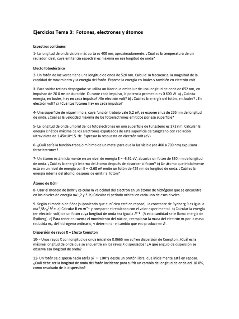 Ejercicios U3 - F-E-A | PDF | Efecto fotoeléctrico | Electrón