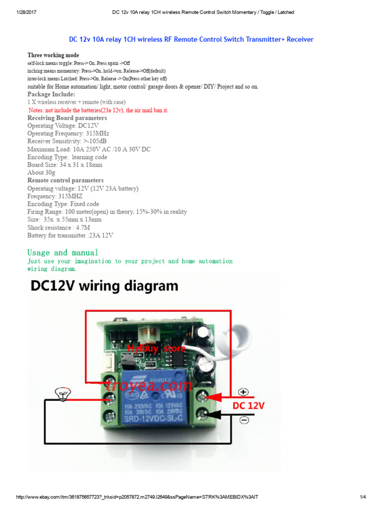 DC 12v 10A Relay 1CH Wireless Switch | PDF | Remote Control | Switch
