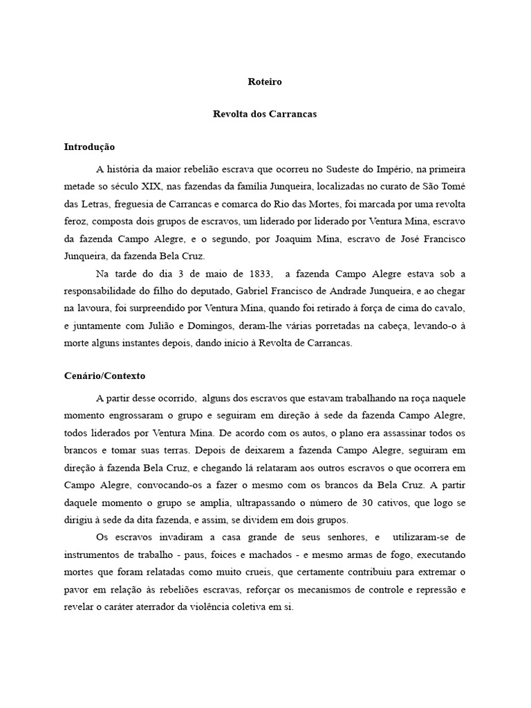 Roteiro - Revolta Dos Carrancas | PDF | Escravidão | Crimes