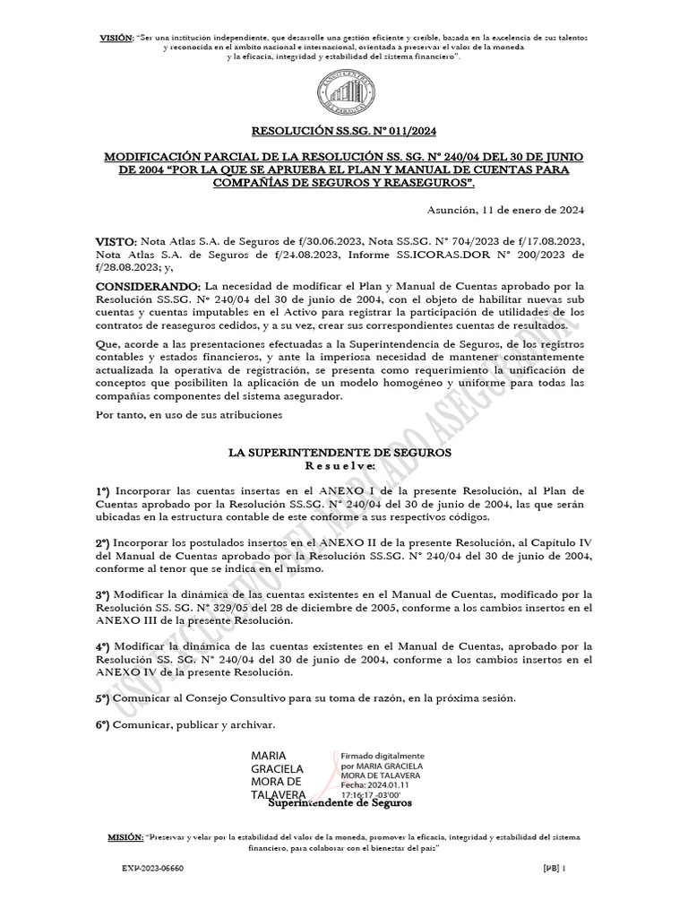 2024 01 11 Res SSSGN 011 2024 Incorporacion Ctas Ingresos Por Reaseguro | PDF | Reaseguro | Seguro