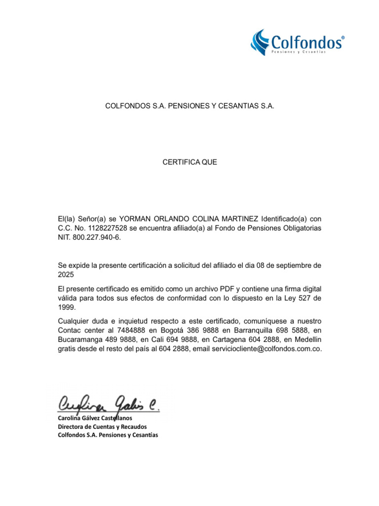 Certificado Colfondos Yorman | PDF