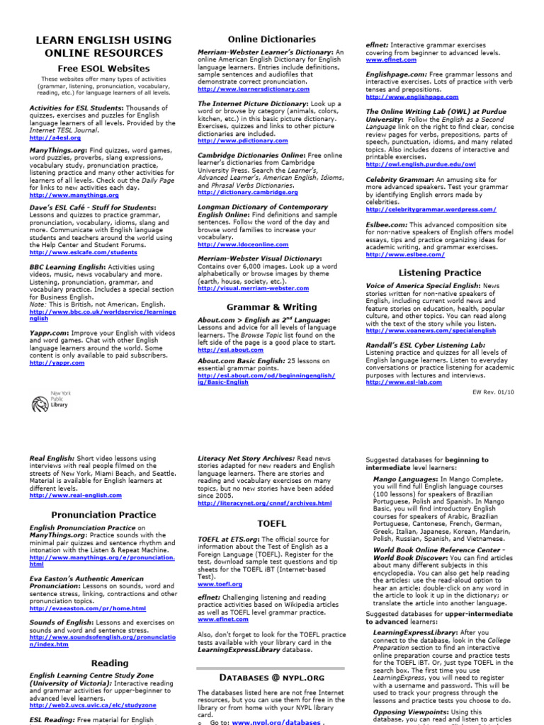 Free Online Resources for Learning English | PDF | English Language ...