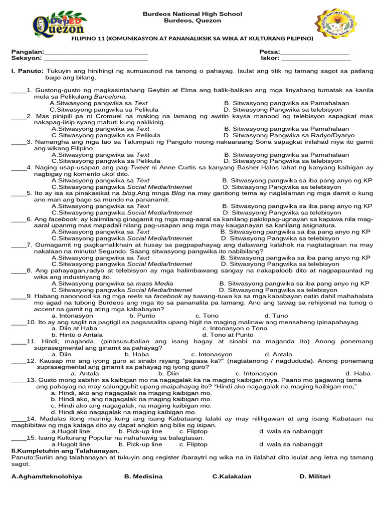 3rd Quarter Exam Fil. 7 | PDF