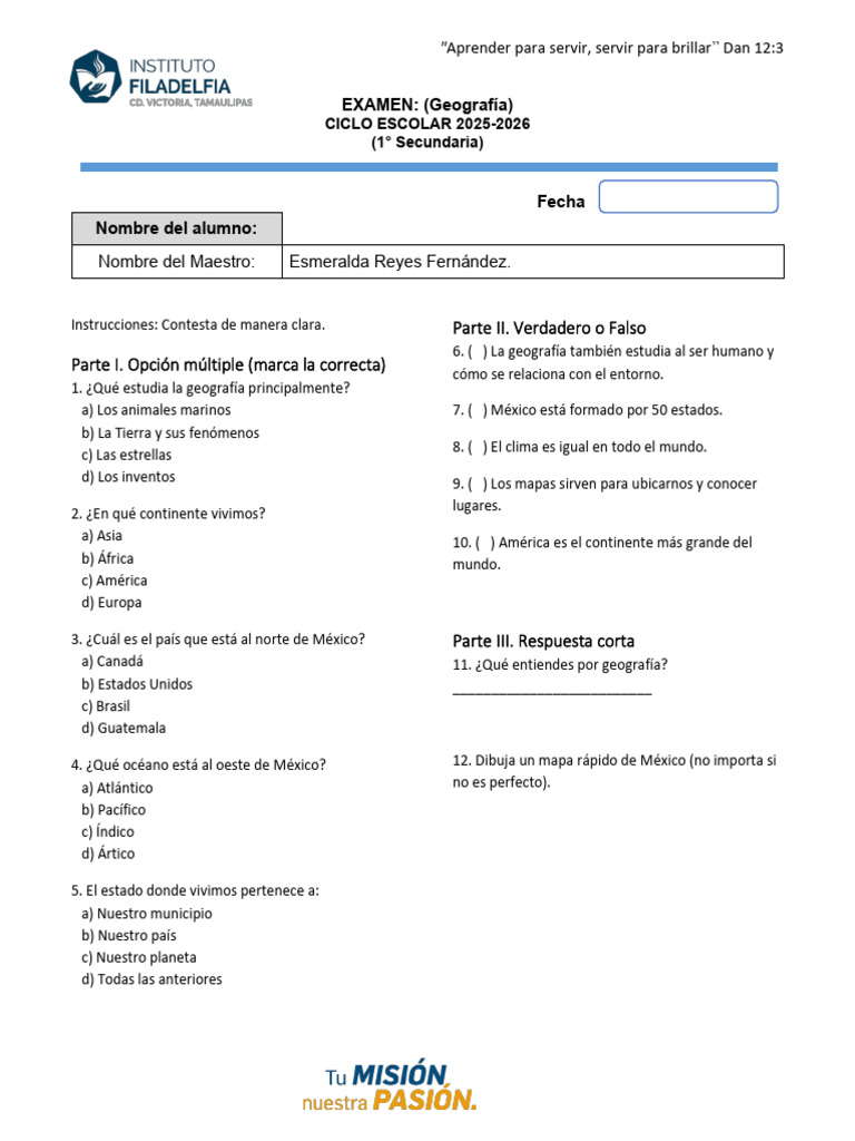 Examen de Geografía 1° Secundaria 2025-2026 | PDF