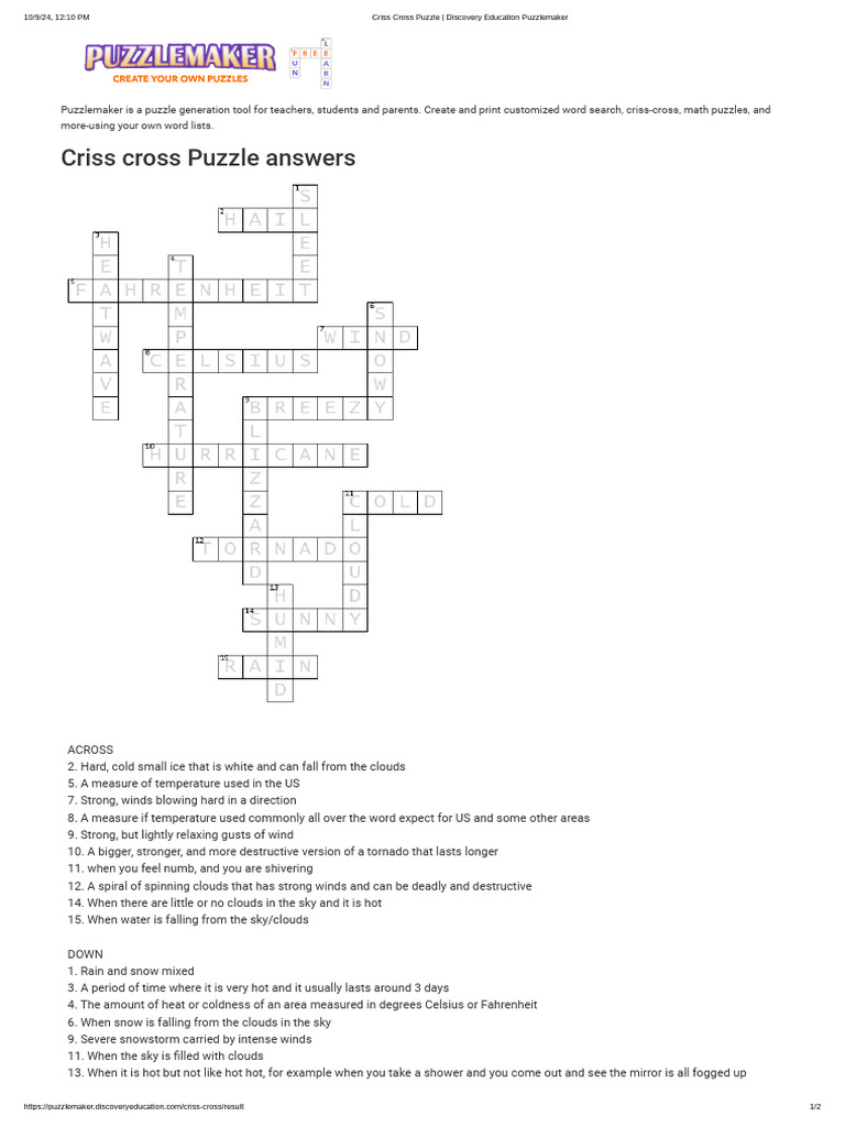 Criss Cross Puzzle - Discovery Education Puzzlemaker | PDF