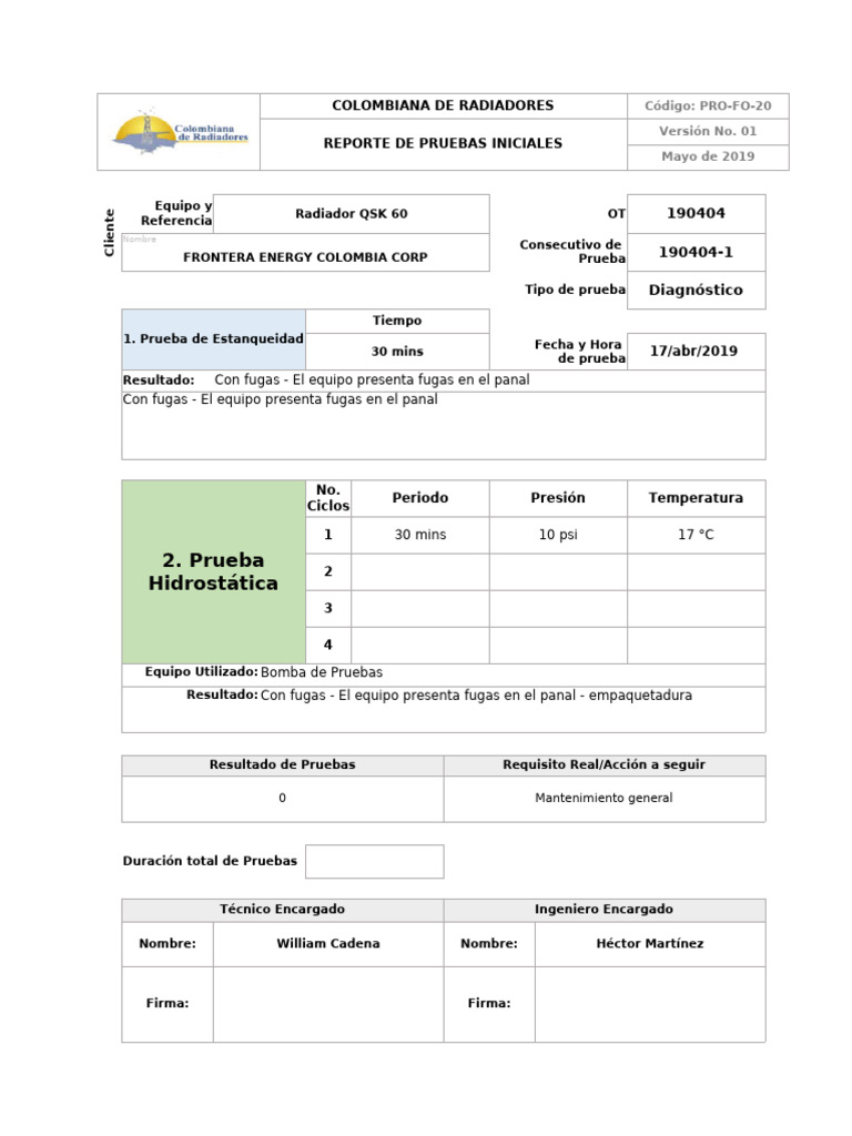 Pro-Fo-20 Reporte de Pruebas Iniciales | PDF | Ingeniería mecánica ...