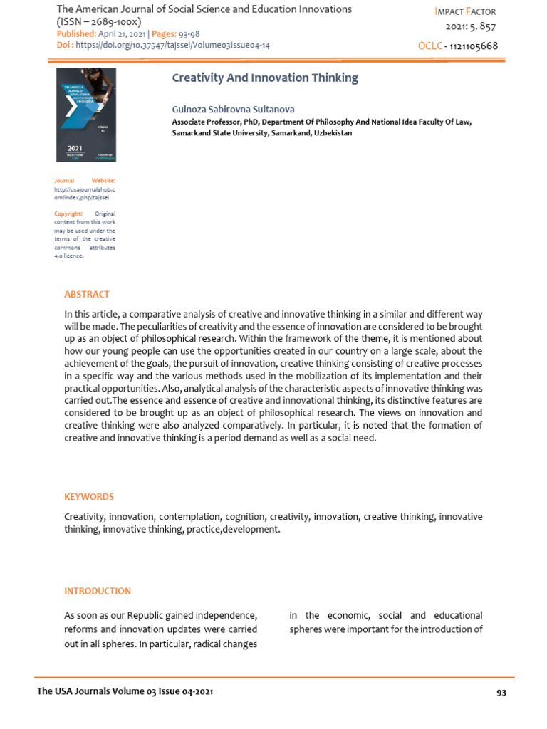 Creative and Innovative Thinking Analysis | PDF | Thought | Creativity
